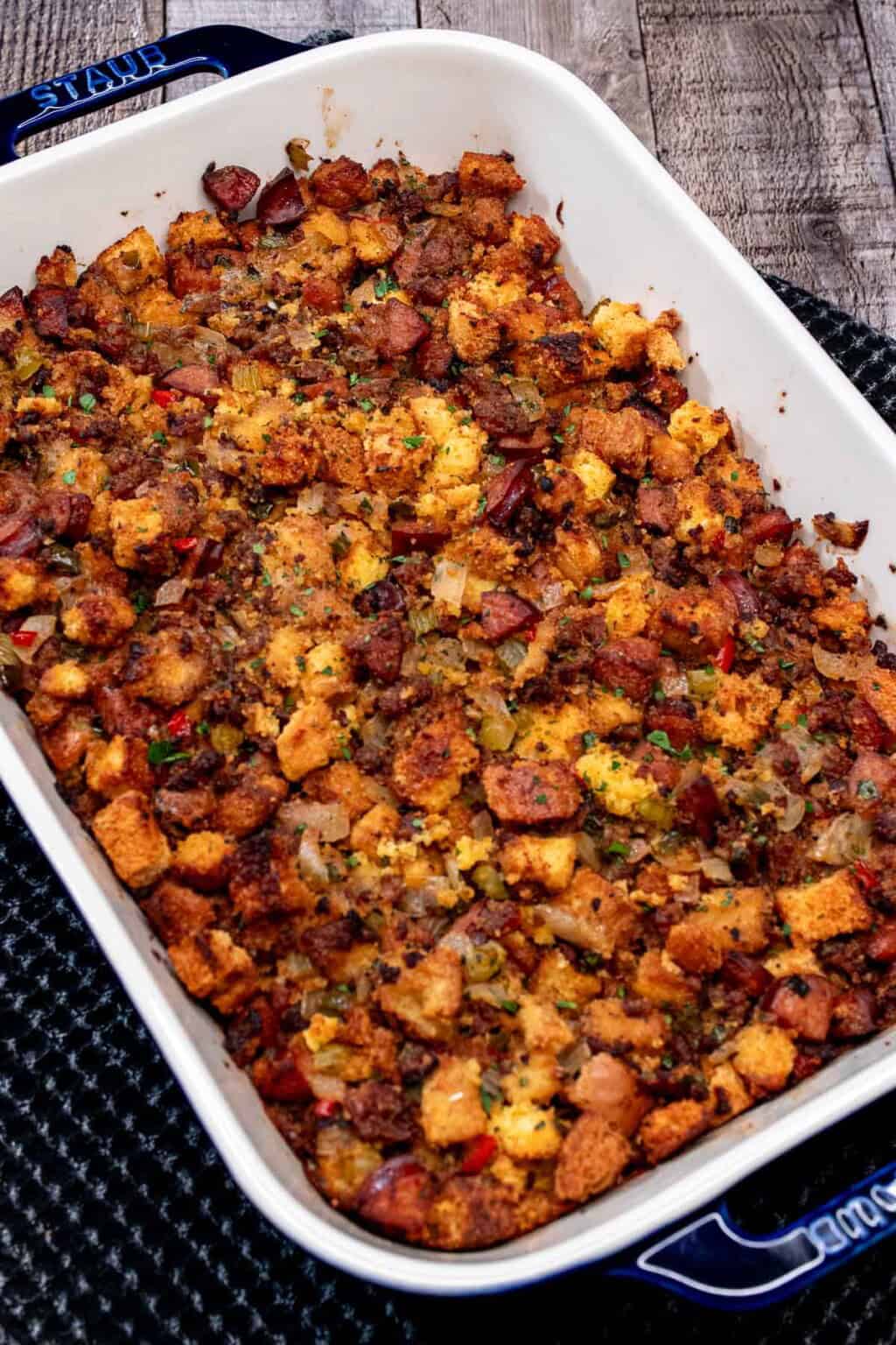 Cajun Sausage Dressing (w/ Cornbread & Potato Bread) - The Night Owl Chef